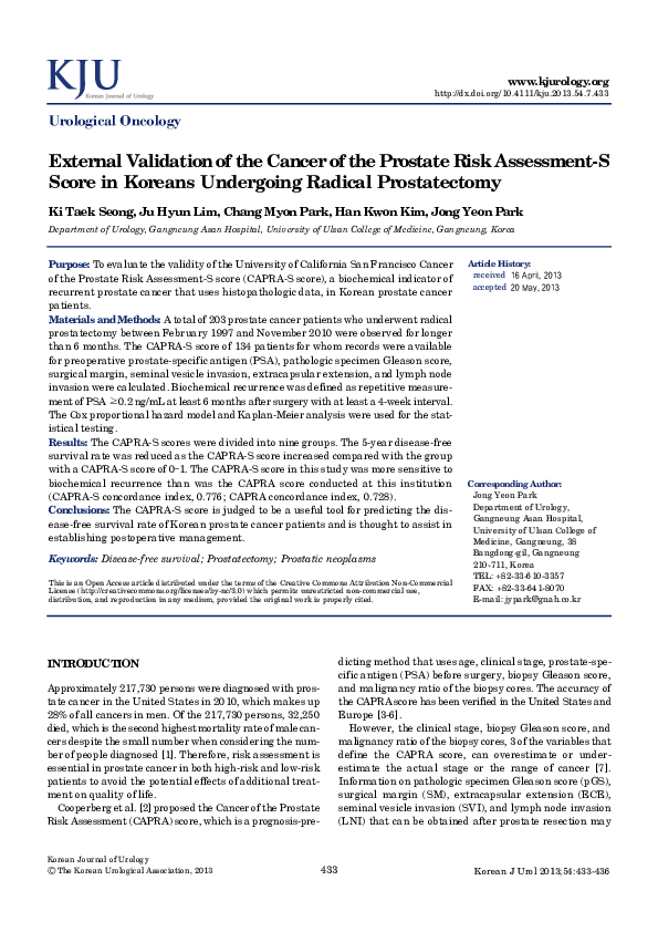 (PDF) External validation of the cancer of the prostate risk assessment ...