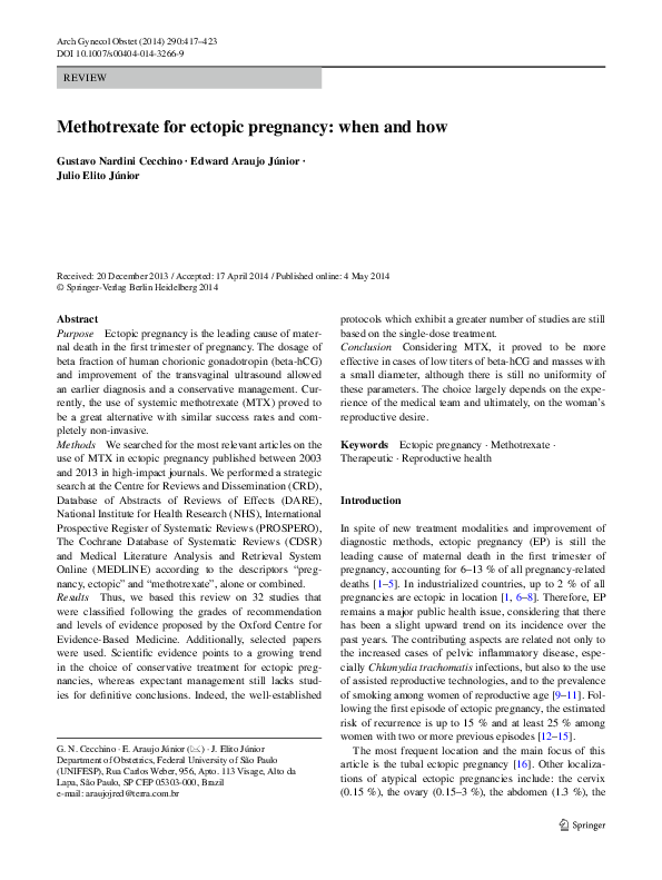 (PDF) Methotrexate for ectopic pregnancy: when and how