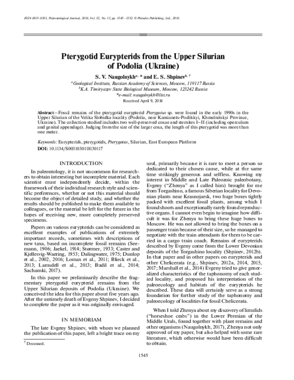 (PDF) Pterygotid Eurypterids from the Upper Silurian of Podolia (Ukraine)
