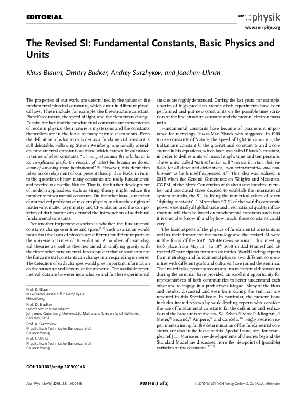 (PDF) The Revised SI: Fundamental Constants, Basic Physics and Units