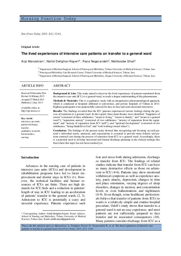 (PDF) The lived experiences of intensive care patients on transfer to a ...