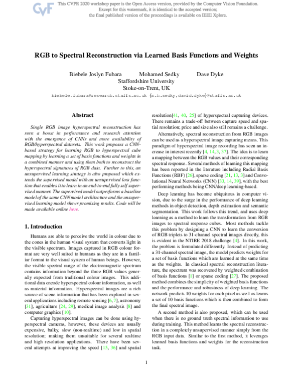Pdf Rgb To Spectral Reconstruction Via Learned Basis Functions And