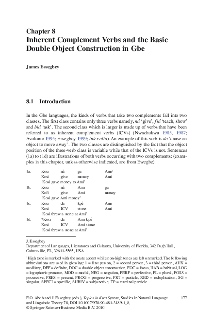 (PDF) Inherent Complement Verbs and the Basic Double Object Construction in Gbe