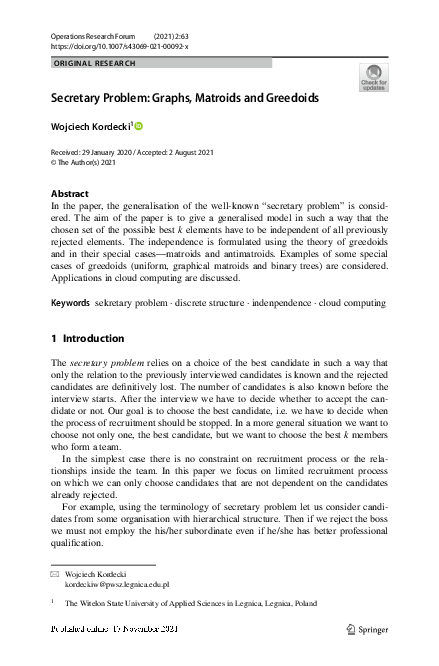 (PDF) Secretary Problem: Graphs, Matroids and Greedoids