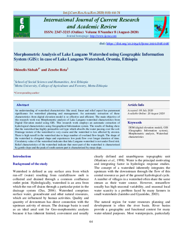 (PDF) Morphometric Analysis of Lake Langano Watershed using Geographic ...
