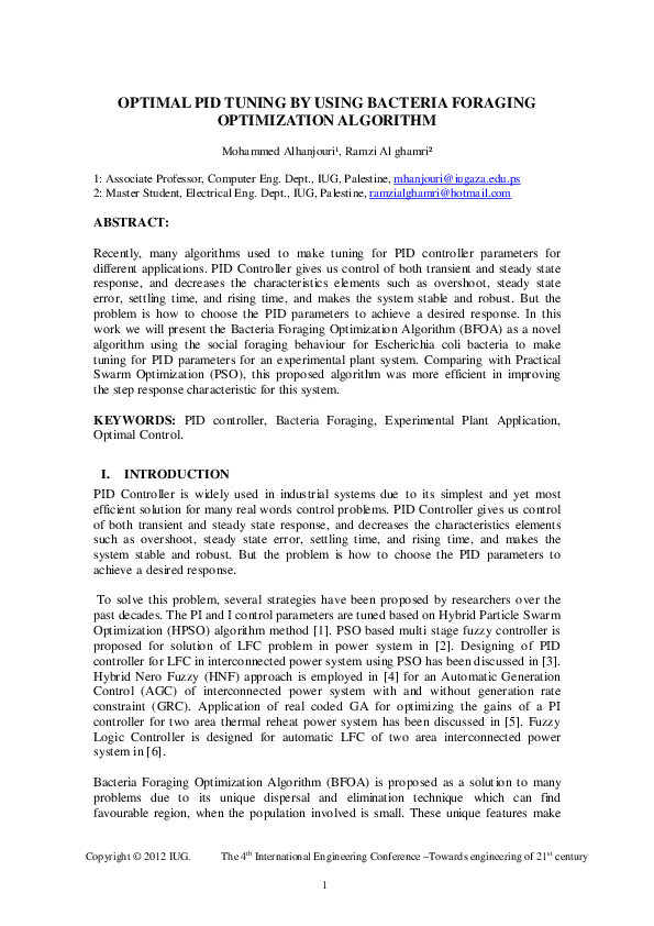 (PDF) Optimal Pid Tuning by Using Bacteria Foraging Optimization Algorithm