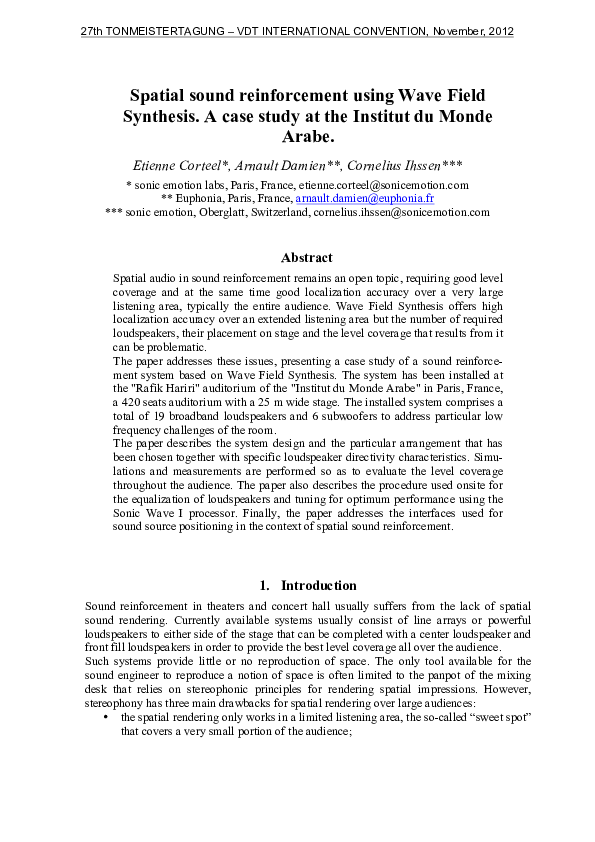 (PDF) Spatial sound reinforcement using Wave Field Synthesis. A case study at the Institut du ...