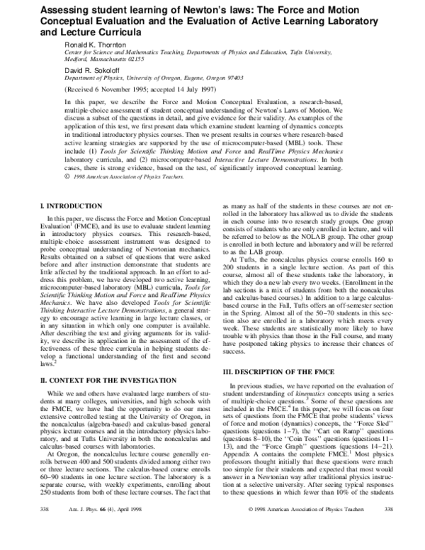 (PDF) Assessing student learning of Newton’s laws: The Force and Motion Conceptual Evaluation ...