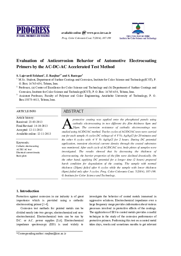 (PDF) Evaluation of Anticorrosion Behavior of Automotive Electrocoating Primers by the AC-DC-AC ...