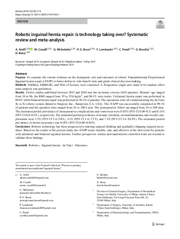 (PDF) Robotic inguinal hernia repair: is technology taking over? Systematic review and meta-analysis