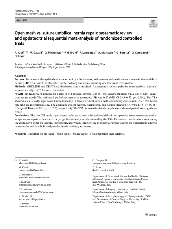 (PDF) Open mesh vs. suture umbilical hernia repair: systematic review and updated trial ...