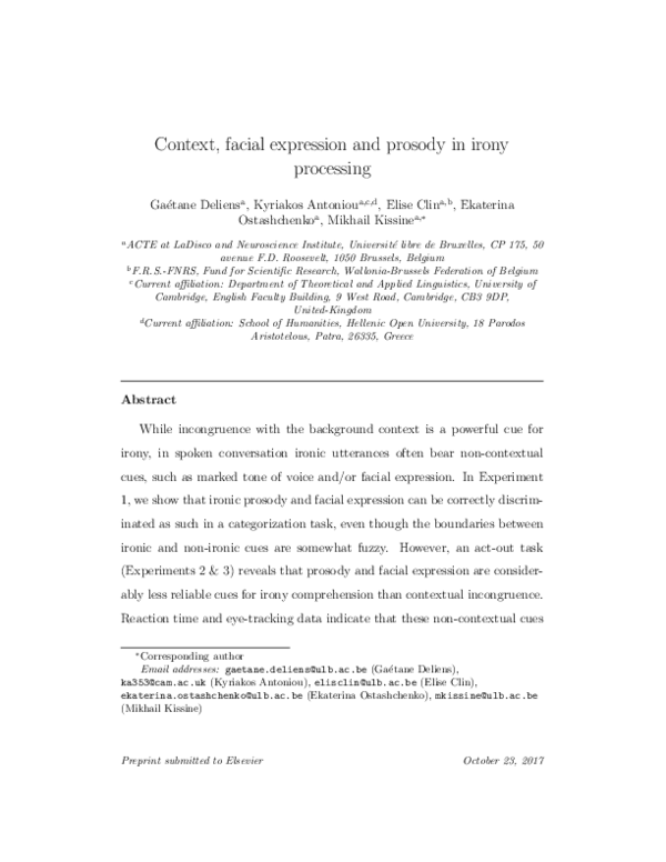 (PDF) Context, facial expression and prosody in irony processing