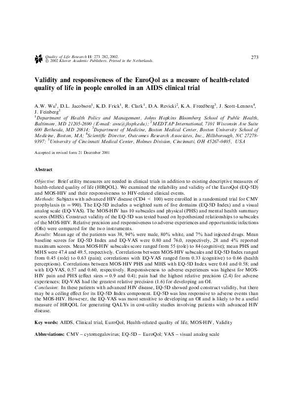 (PDF) Validity and responsiveness of the euroqol as a measure of health-related quality of life ...