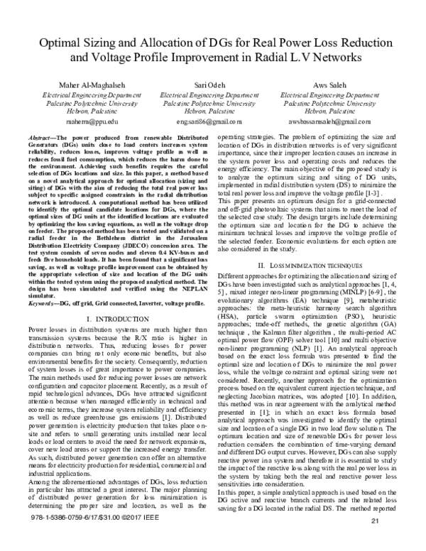 (PDF) Optimal sizing and allocation of DGs for real power loss reduction and voltage profile ...