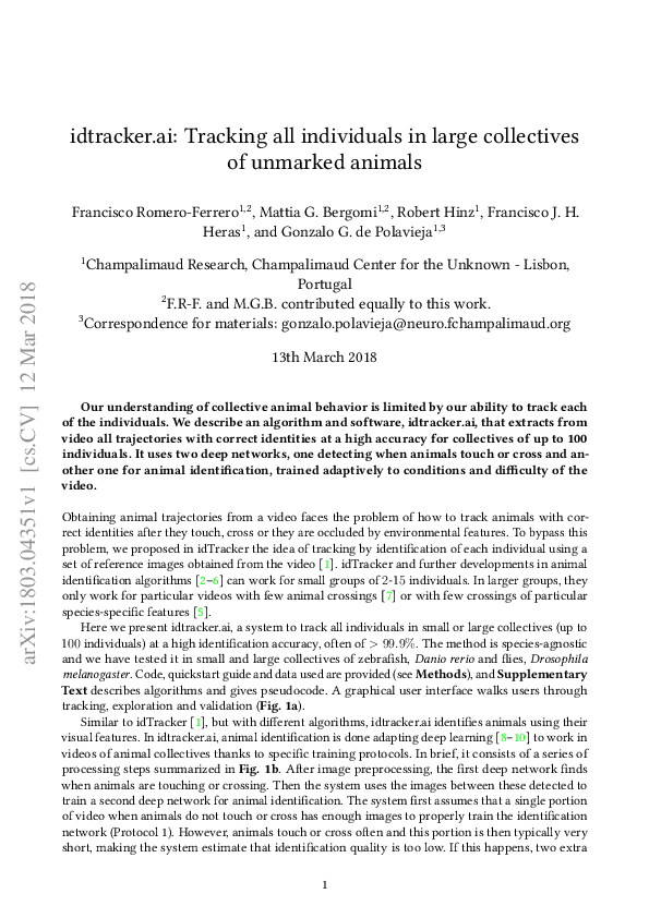 (PDF) idtracker.ai: Tracking all individuals in large collectives of unmarked animals