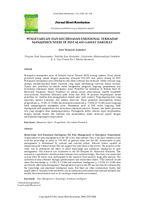 (PDF) Pengetahuan Dan Kecerdasan Emosional Terhadap Manajemen Nyeri DI Instalasi Gawat Darurat