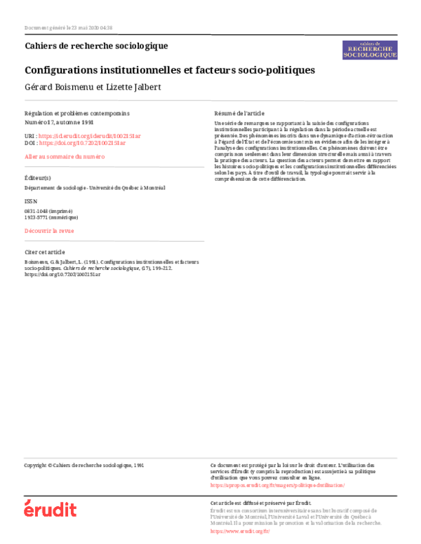 (PDF) Configurations institutionnelles et facteurs socio-politiques