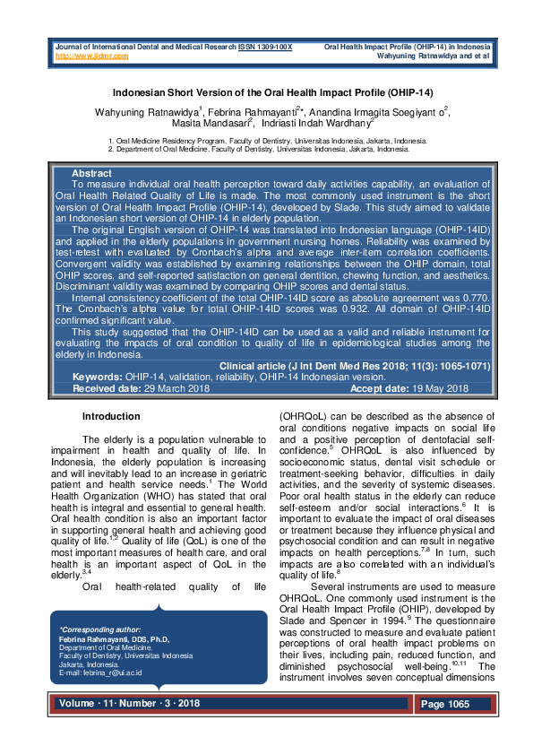 (PDF) Indonesian short version of the oral health impact profile (OHIP-14)