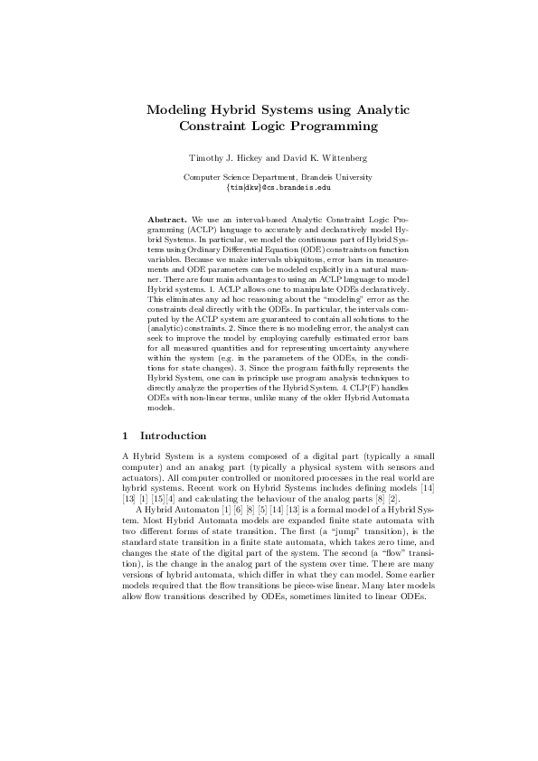 Pdf Modeling Hybrid Systems Using Analytic Constraint Logic Programming David Wittenberg 2701