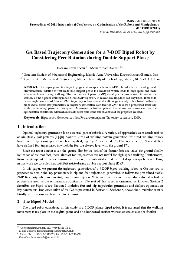 Pdf Ga Based Trajectory Generation For A 7 Dof Biped Robot By Considering Feet Rotation During