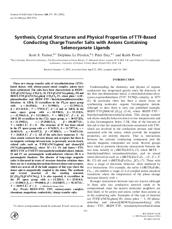 (PDF) Synthesis, Crystal Structures and Physical Properties of TTF-Based Conducting Charge ...
