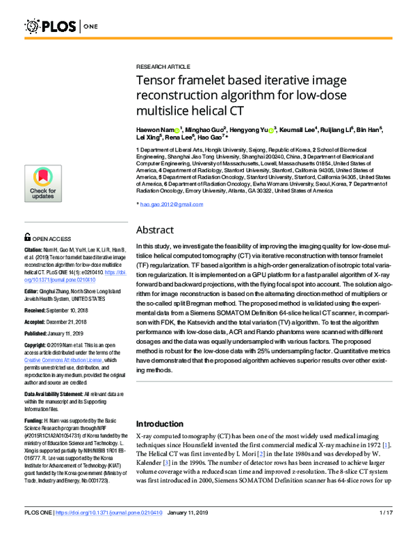 Pdf Tensor Framelet Based Iterative Image Reconstruction Algorithm For Low Dose Multislice