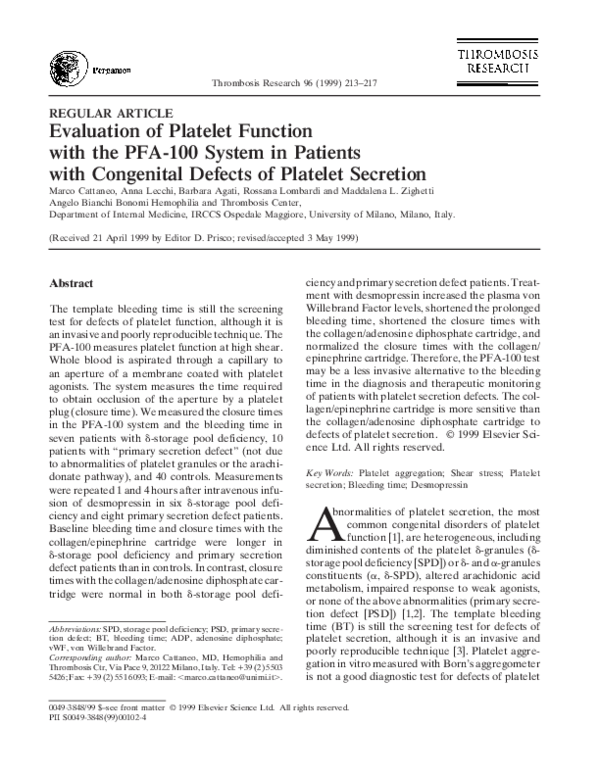 (PDF) Evaluation of Platelet Function with the PFA-100 System in ...