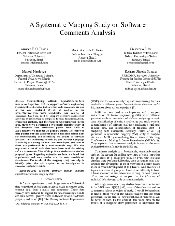 (PDF) A Systematic Mapping Study on Software Comments Analysis