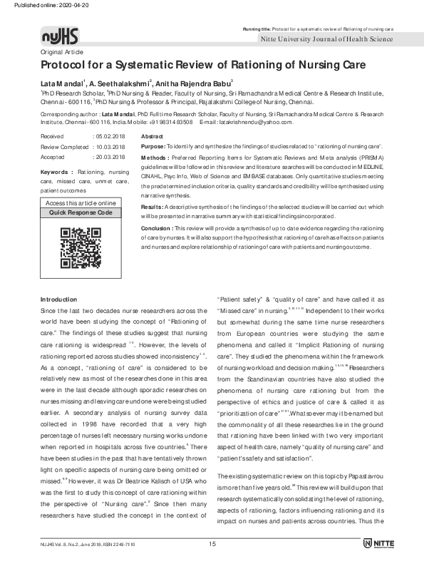 (PDF) Protocol for a Systematic Review of Rationing of Nursing Care