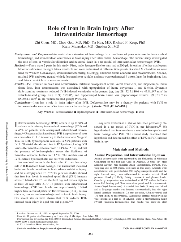 (PDF) Role of Iron in Brain Injury After Intraventricular Hemorrhage