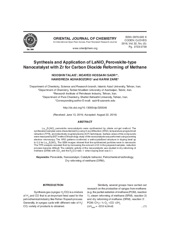 (PDF) Zr-Doped Lanio3 Nanocatalyst for Methane Reforming