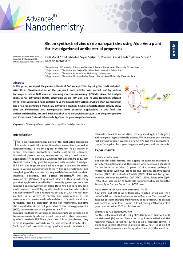 (PDF) Green synthesis of zinc oxide nanoparticles using Aloe Vera plant for investigation of ...