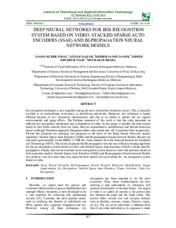 Pdf Deep Neural Networks For Iris Recognition System Based On Video Stacked Sparse Auto
