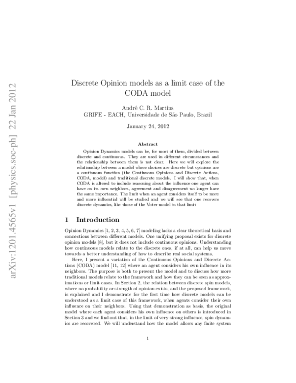 (PDF) Discrete opinion models as a limit case of the CODA model