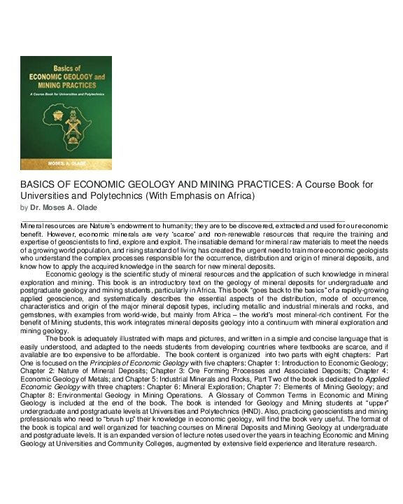 (PDF) BASICS OF ECONOMIC GEOLOGY AND MINING PRACTICES: A Course Book ...