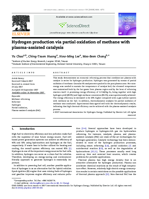 (PDF) Hydrogen production via partial oxidation of methane with plasma ...