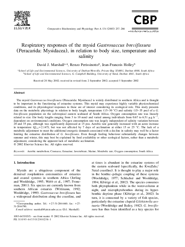 (PDF) Respiratory responses of the mysid Gastrosaccus brevifissura ...