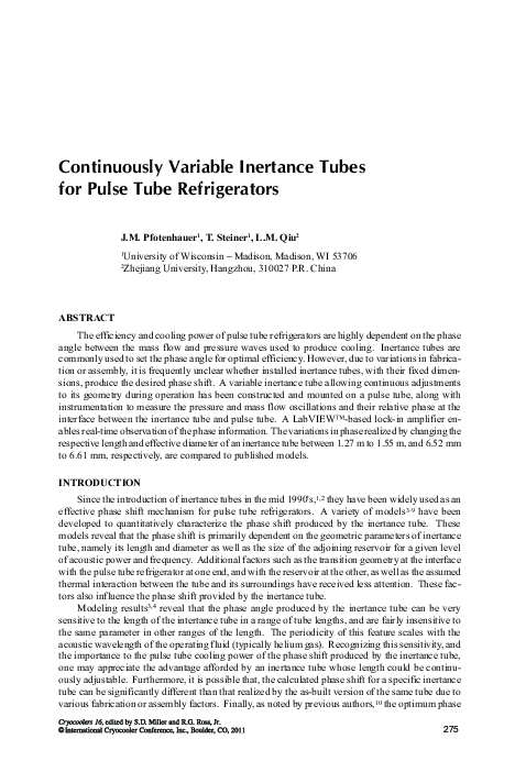 (PDF) Continuously Variable Inertance Tubes for Pulse Tube Refrigerators