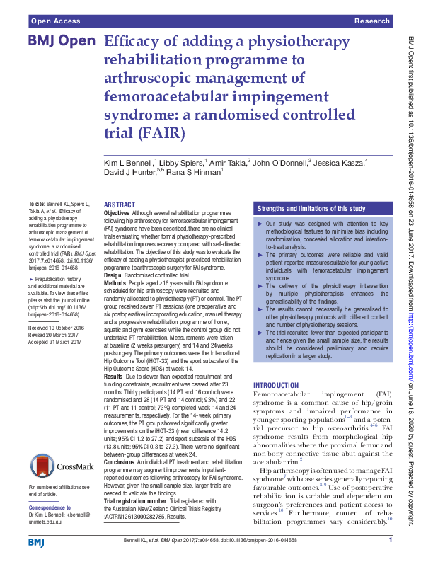 Pdf Efficacy Of Adding A Physiotherapy Rehabilitation Programme To Arthroscopic Management Of