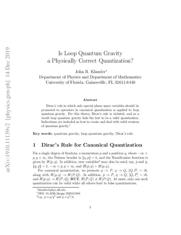 (PDF) Is Loop Quantum Gravity a Physically Correct Quantization?