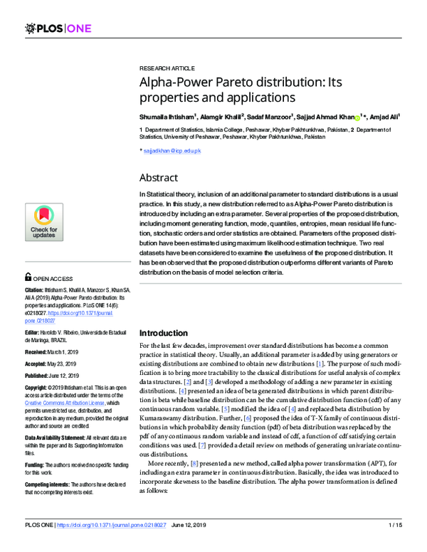 Pdf Alpha Power Pareto Distribution Its Properties And Applications