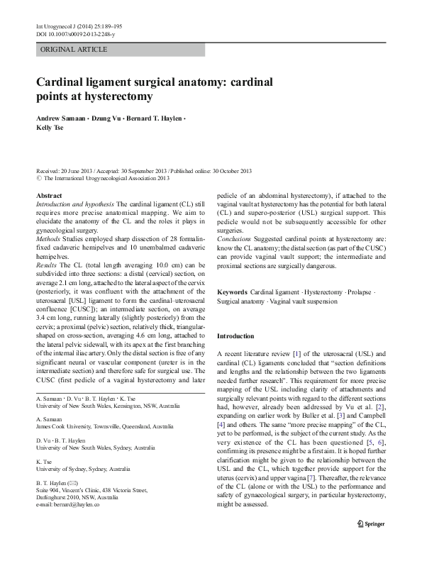 (PDF) Cardinal ligament surgical anatomy: cardinal points at hysterectomy