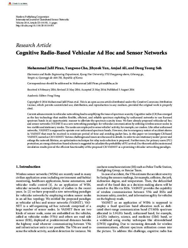 (PDF) Cognitive Radio-Based Vehicular Ad Hoc and Sensor Networks