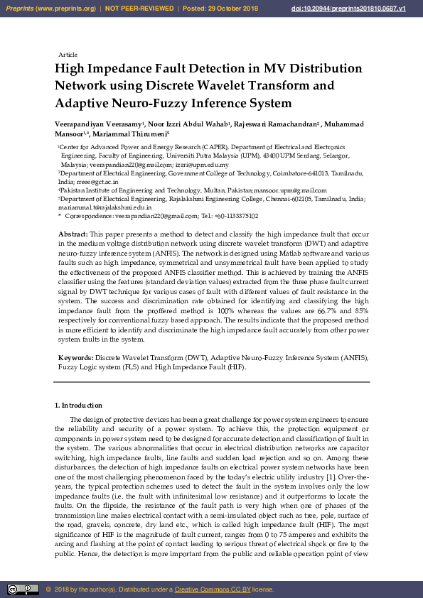 Pdf High Impedance Fault Detection In Mv Distribution Network Using Discrete Wavelet Transform