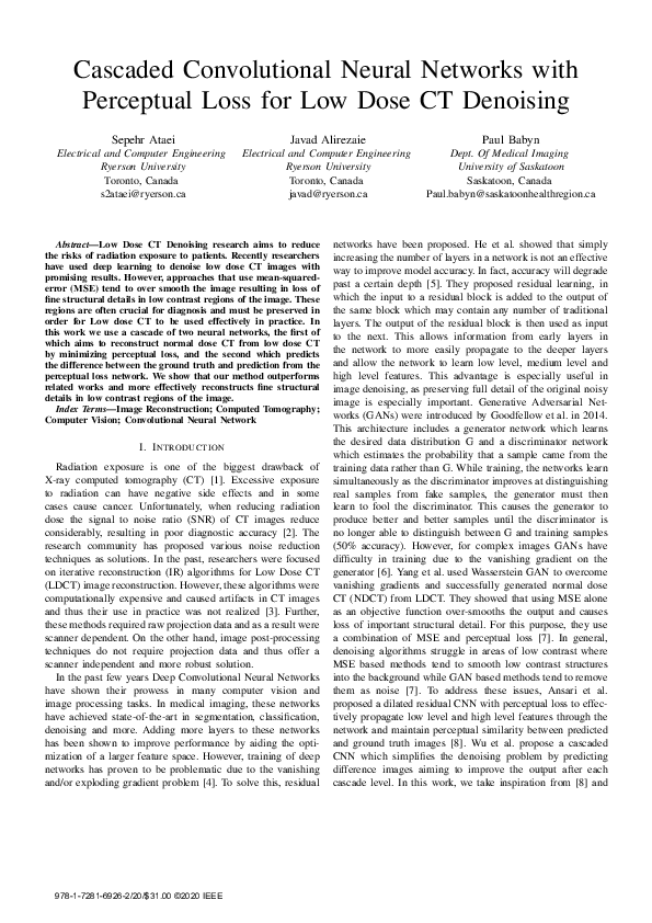 (PDF) Cascaded Convolutional Neural Networks with Perceptual Loss for Low Dose CT Denoising