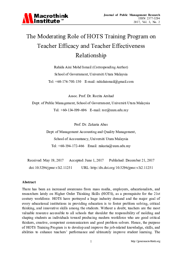 (PDF) The Moderating Role of HOTS Training Program on Teacher Efficacy ...