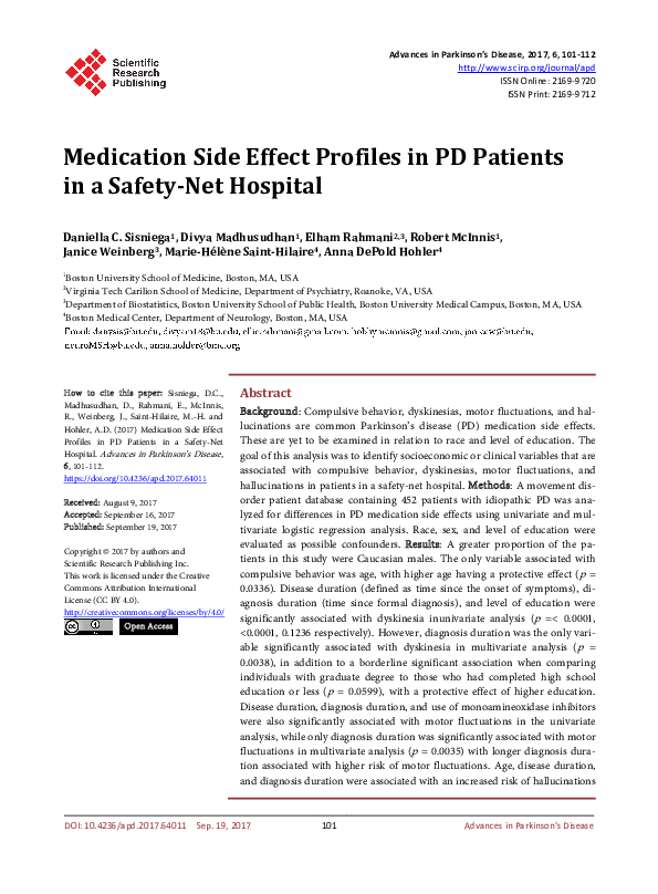 (PDF) Medication Side Effect Profiles in PD Patients in a Safety-Net ...