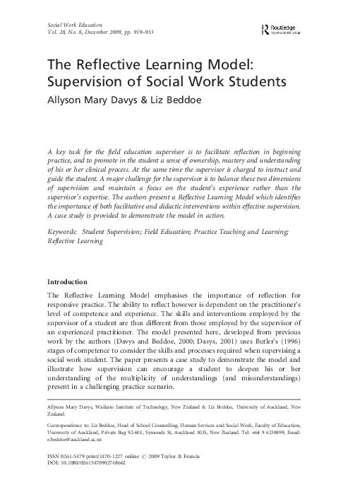 (PDF) The Reflective Learning Model: Supervision of Social Work Students