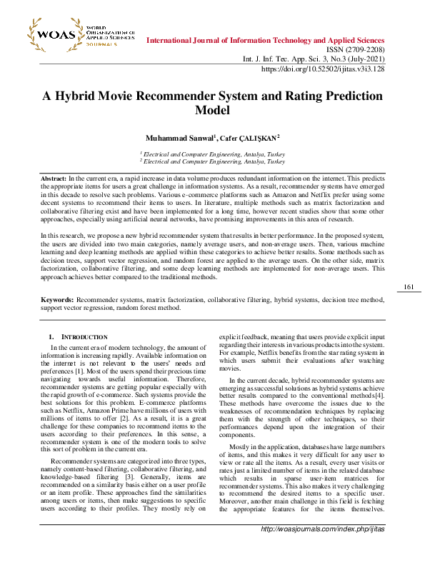 Pdf A Hybrid Movie Recommender System And Rating Prediction Model