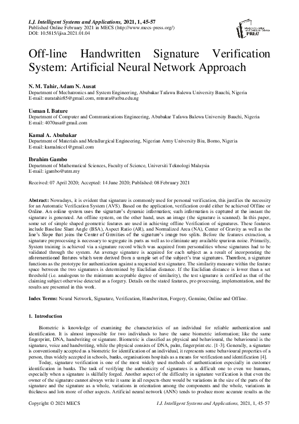 (PDF) Off-line Handwritten Signature Verification System: Artificial Neural Network Approach